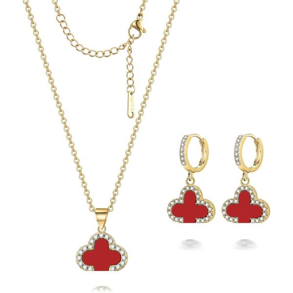 商品名Feasnow Lucky Clover Sets Clover Necklace and Hoop Earrings- Black White Green Pendant- 18k Gold Plated Fashion Cute ...