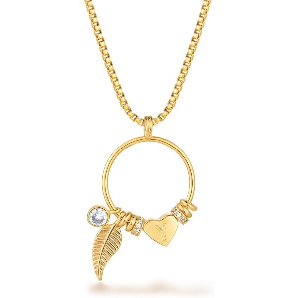 商品名GNIRTSI ゴールドイニシャルネックレス レディース カルマ オープンサークルペンダント ハートリーフビーズ付き キュービックジルコニア 14Kゴールドメッキ ミニマリスト 上品なボックスチェーン パーソナライズ トレンディ ジュ...