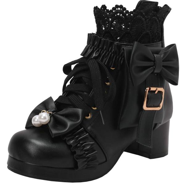 商品名:  LUXMAX Women Chunky Heel Lace Up Booties Lolita Kawaii Shoes Block Heel Cute Ankle Boots Sweet Lace Boots with Bow...