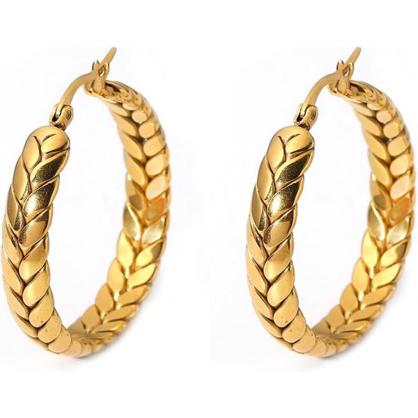 商品名チャンキーゴールドイヤリング 14Kゴールドメッキ ウィートフープイヤリング レディース トレンディ ヒンジ付きクラスプ ゴールドイヤリング 幾何学模様 ラウンドフープイヤリング 変色なし, ステンレス鋼, 宝石なしChunky Go...