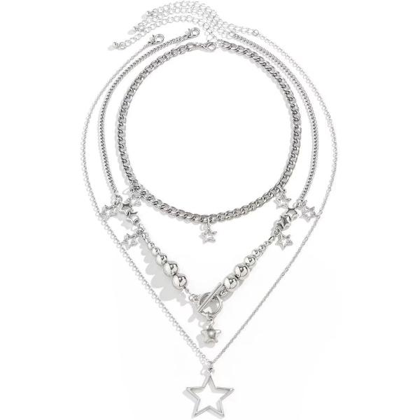 商品名Azusa Sun 3個 Y2k ネックレス ヒップホップ スター ペンダント ネックレスセット レイヤード ホロー 五芒星チョーカー ファッション ビーズチェーン シンプル レディース メンズ ガールズ シック クール パーティー ...