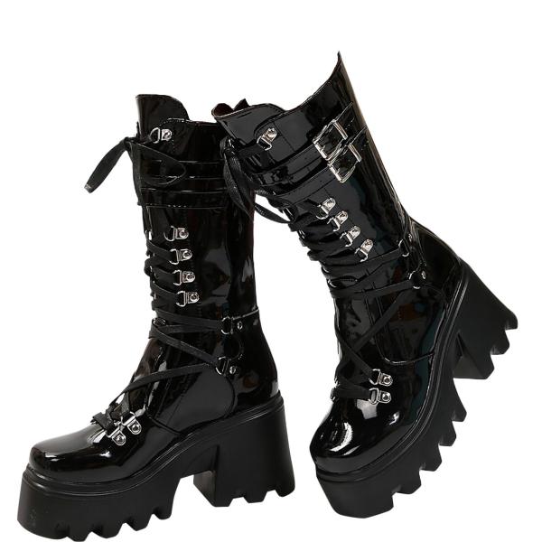 商品名:  Women's Platform Mid Calf Boots Platform Wedge Ankle Boots Goth Patent Lace Up Boot Chain Strappy Punk Booties Lac...