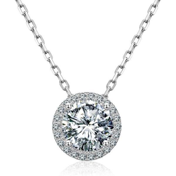 商品名EcoGems LAB GROWN EXPERTS Moissanite Halo Pendant Necklace For Women Round Cut 0.50-1.00 Cttw 18K White Gold Over Sil...