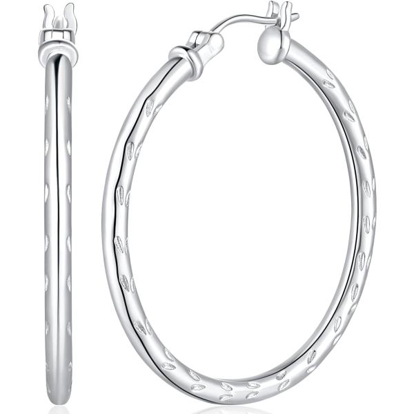 商品名DIVAS MODE フープイヤリング スターリングシルバー フープイヤリング レディース 大きなシルバーフープイヤリング ドットのような彫刻パターンイヤリング シルバー 35mm x 2.5mm, シルバー, 宝石なしDIVAS M...