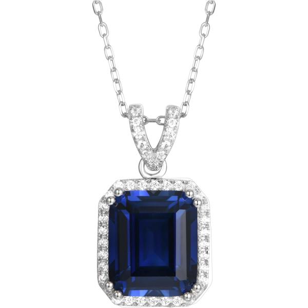 商品名7.40 Cttw Lab-Grown Blue Sapphire 16/17/18 Inch Pendant Necklace For Women Emerald Cut Blue Sapphire with White Sapph...