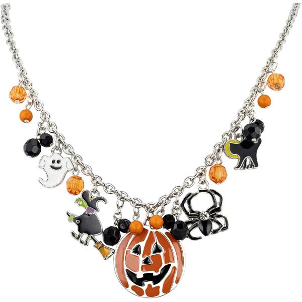 商品名RareLove パンプキンネックレス ハロウィン 猫 魔女 幽霊 クモ チャーム ビーズ チョーカーネックレス 女性用 合金メッキ ブラック&amp;オレンジビーズ ハロウィン魔女 コスチュームアクセサリー, 金属, 宝石なしRar...