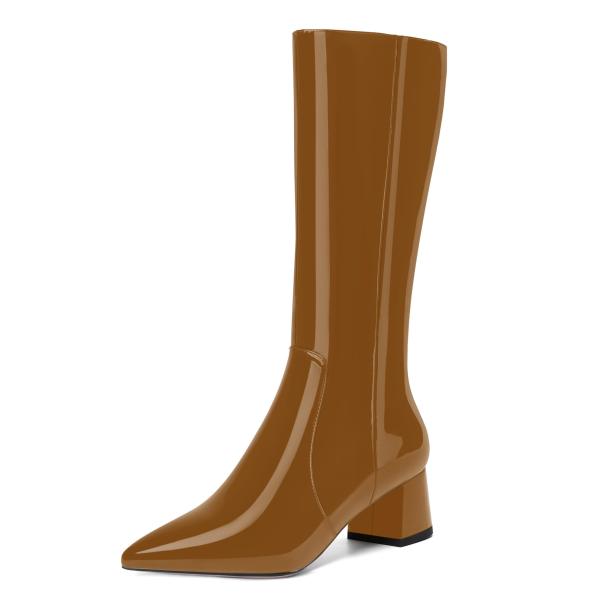商品名:  FEMSTEP Women's Casual Zip Patent Chunky 2 Inch Knee High Solid Pointed Toe Outdoor Low Heel Boots Brown Size 9 - ...