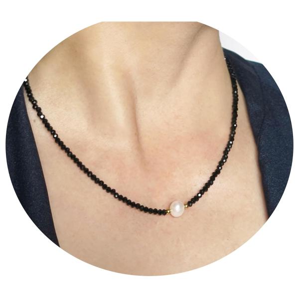 商品名Stainless Steel Real 18K Gold Plated Black Spinel Collar Choker Genuine Freshwater Pearl Necklace Hypoallergenic 100%...