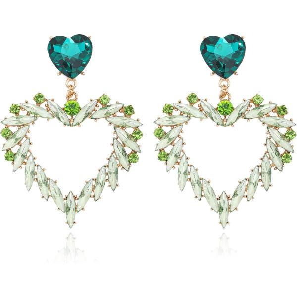 商品名GOLD-CH ハートピアス - グリーンハートイヤリング レディース 大きなラインストーンステートメント キラキラしたダブルハート型 ドロップイヤリング ジュエリー 女の子用 大きな耳アクセサリー ダングル 誕生日 結婚式 花嫁 ギ...