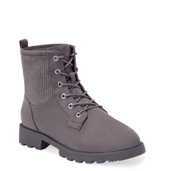 商品名:  JustFab Demi Women's Combat Grey Faux Suede Lace-Up Knit Ankle Boots - Chunky Lug Sole, Fall Fashion Grey Boot, 9ブ...