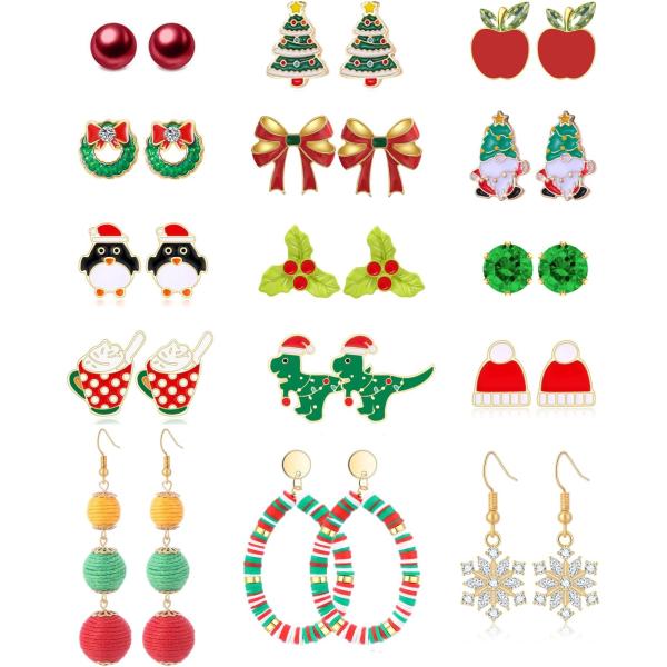 商品名15組 低刺激性 クリスマスイヤリング レディース ティーン ガールズ スノーフレーク ペンギン リボン ノーム リース ヤドリギ クリスマスツリー イヤリング レディース クリスマスジュエリー ギフト 冬 スタッド ダングルイヤリン...