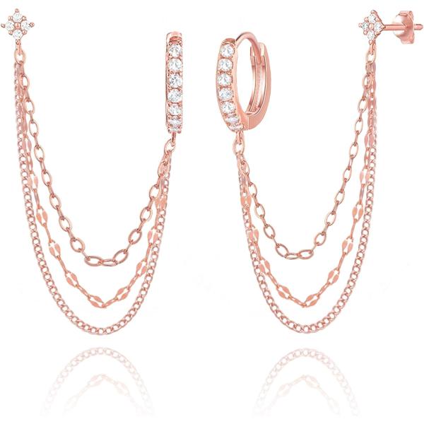 商品名COARVXA 925スターリングシルバー 4つのジルコン フラワースタッド ダブルピアスチェーンイヤリング ダブルピアス ダングルスリーチェーンフープイヤリング ダブルピアス レディース/ガールズ/ギフトジュエリー, スターリングシ...