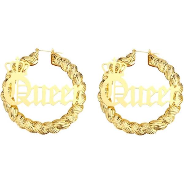 商品名オールドイングリッシュフォント クイーンワード 9cm ラージ バンブーフープイヤリング ヒップホップスタイル ファッション パーティーアクセサリー, 金属, 宝石なしOld English Font Queen Word 9cm L...