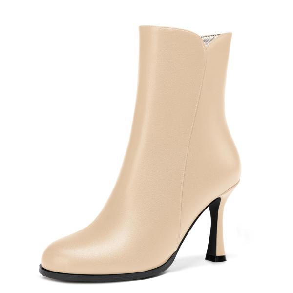 商品名:  MERRORI Women's Spool Office Dress Matte Round Toe Zip Ankle High High Heel 3.3 Inch Boots Beige Size 9 - Zapatos ...