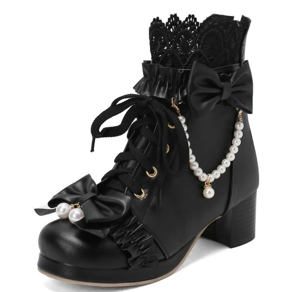 商品名:  LUXMAX Women Cute Lolita Boots Chunky Mid Heel Ankle Boots with Bow Platform Lace Up Booties with Pearl, Size 8 M ...
