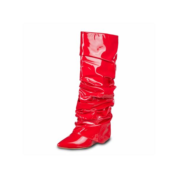 商品名:  Azalea Wang Sif Knee High Fold Over Boots, Womens Red Faux Patent Leather Wedge Boots, Comfy Stylish Ruched Pointe...