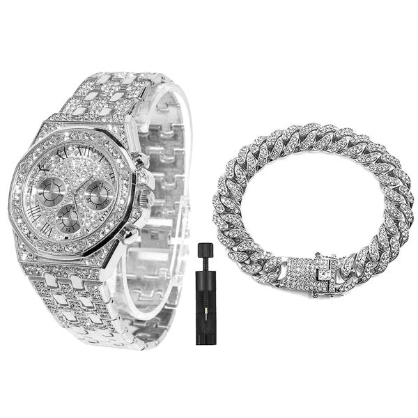 商品名:  Apzzic Gold Plated Iced Out Watch Diamond CZ 40mm Width Roman Numerals Dial Quartz Wristband Watch with Silver Cub...
