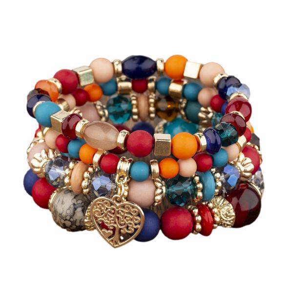 商品名: ボヘミアンハートツリークリスタルストレッチペンダントブレスレット 4点セット レディース ガールズ ゴールドビーズ 重ね付け可能 ストレッチブレスレット カラフルなチャームジュエリー ボーホー サマービーチパターン, S, 金属,...