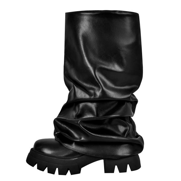商品名:  JOZHAMTA Women Metallic Silver Platform Heels Rouch Boots Fold Over Mid Calf Chunky Heel Short Booties Round Toe W...