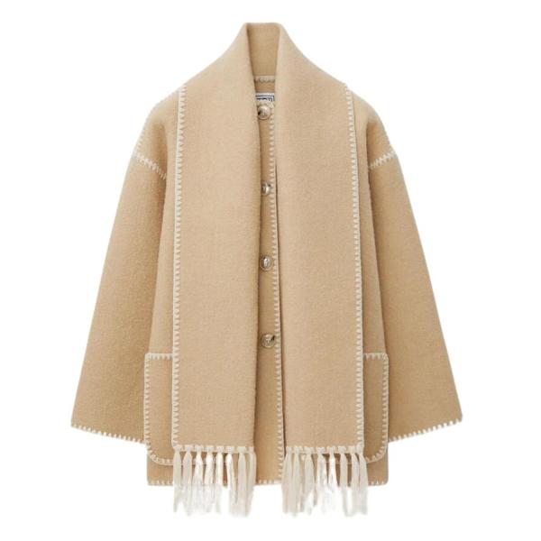 商品名:  DMOYALA Khaki Wool Coat Trench Coat for Women Winter Scarf Jacket Coats Embroidered Button Down Oversized Wool Ble...