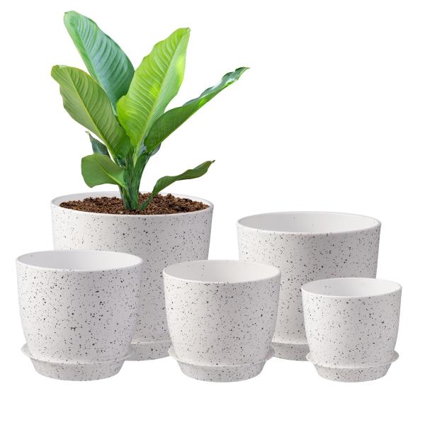 商品名:  SPORTYOUTH Plant Pots 6/5.5/5/4.5/4 inch, 5 Pack Modern Plastic Flower Pots Set with Drainage Holes and Saucers Tr...