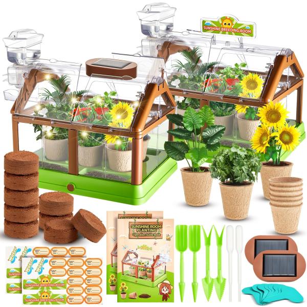 商品名: Sunnychicc 2セット 植物育成キット 点滴灌漑システムとソーラーLEDグローライト付き 温室栽培ルーム ガーデンセット キッズガーデニングセット 男の子 女の子 春植えギフト 教育科学 Sunnychicc 2 Sets...