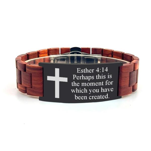 商品名:  SHNIAN Bible Verses Cross Bracelets Wooden Bracelets for Men Esther 4:14 Red Sandalwood &amp; Black Stainless Stee...