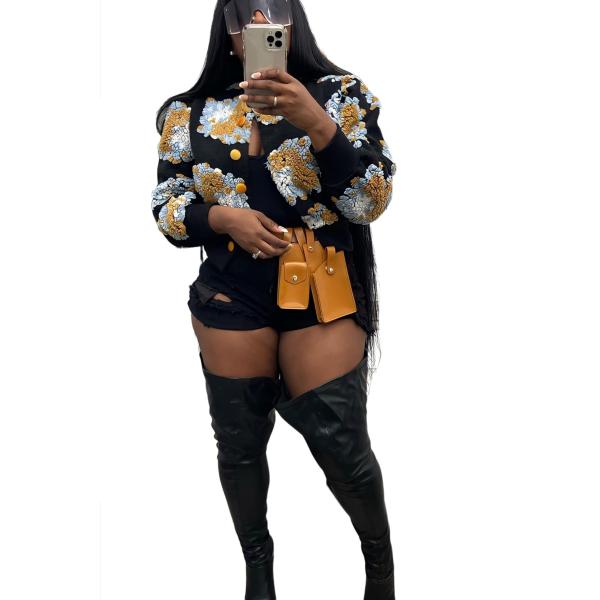 商品名:  PGUJYFVKS Women's Cropped Floral Print Jacket Puff Long Sleeve Fleece Warm Bomber Coat Single Breasted Outerwears ...