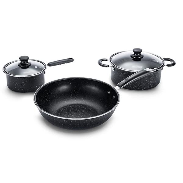 商品名:  Cookware Pot Set Set Wok Soup Pot Milk Pot Wrought Iron Non-stick Frying Pan Soup Pot Three-piece Set With Cover K...