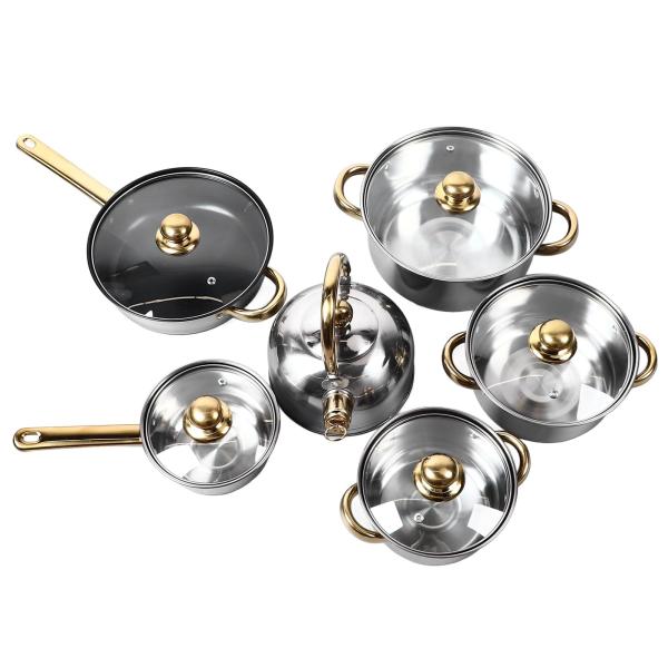 商品名:  12 Piece Stainless Steel Pots and Pans Set, Professional Cookware Set with Gold Handle, Heat Resistant Easy to Fry...