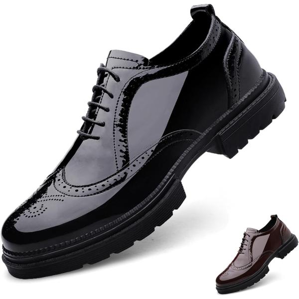 商品名Men's Patent Leather Wing Tips Carved Lug Brogue Oxfords Shoes Fashion Classic Round-Toe Lace Up Low Top Genuine Leat...