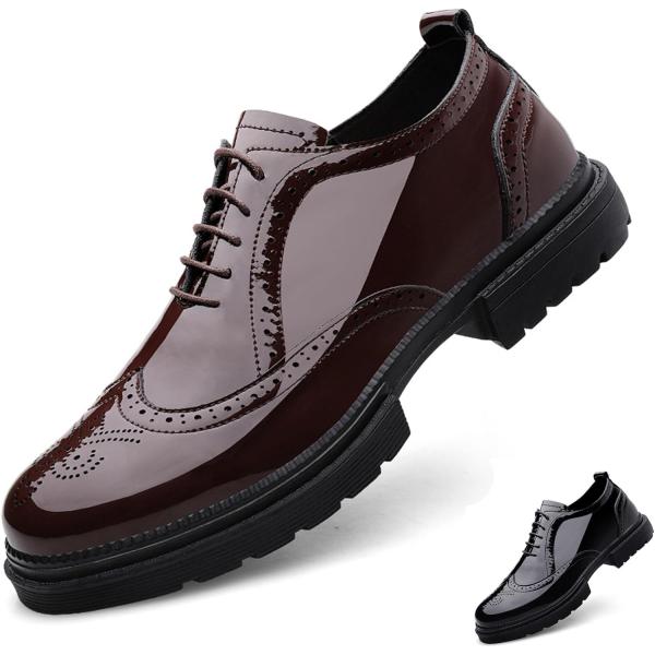 商品名Men's Patent Leather Wing Tips Carved Lug Brogue Oxfords Shoes Fashion Classic Round-Toe Lace Up Low Top Genuine Leat...