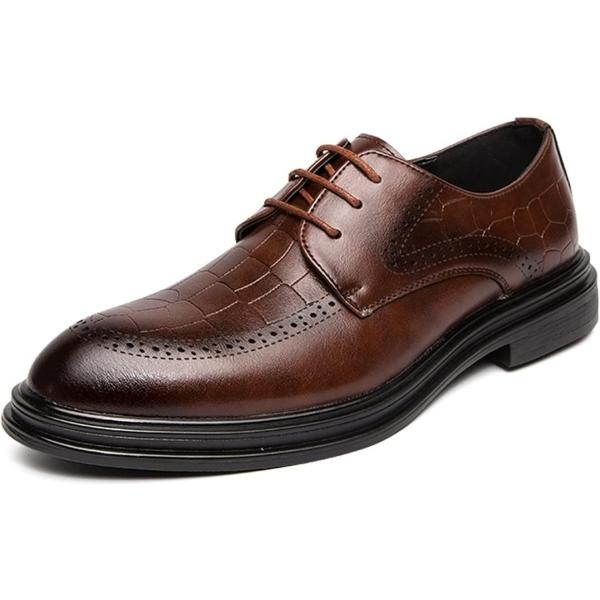 商品名Men's PU Leather Oxford Brogue Wingtips Lace Up Style Round Toe Shoes Slip Resistant Formal (Color : Brown, Size : 8)...