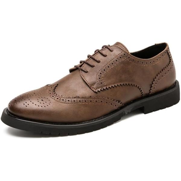 商品名Formal Shoes for Men Lace Up Round Toe Solid Color PU Leather Derby Shoes Rubber Sole Block Heel Non Slip Anti-Slip B...