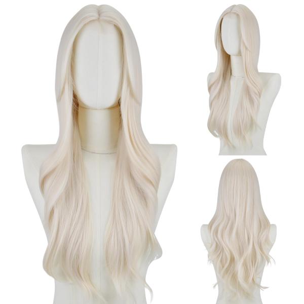 商品名:  FREE BEAUTY Long platinum Blonde Wavy Wig for Women 26 Inch Middle Part Curly Wavy Wig Natural Looking Synthetic H...