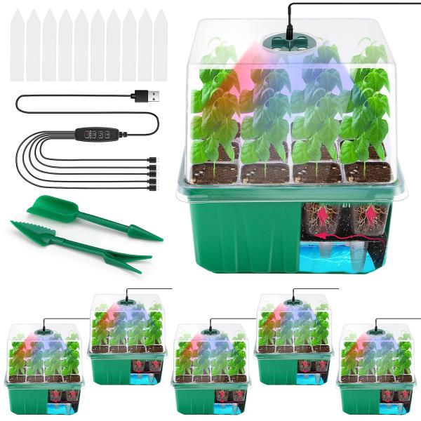 商品名:  Seed Starter Tray with Grow Light, 5 Pack 60-Cell Self Watering Seed Starting Trays with Humidity Dome, 4.25 inch ...