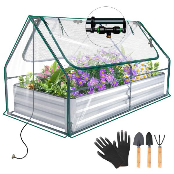 商品名: Lekit 亜鉛メッキ上げ式ガーデンベッドキット - 6x3x1フィート セルフ散水 上げ式ガーデンベッド 屋外カバー付き 金属製プランターボックス ミニ温室&amp;大きなメッシュウィンドウ&amp;ミスト冷却システム ガーデニ...