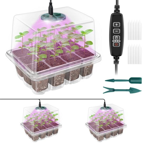 商品名: Qoolife シードスタータートレイ 植物ライト付き 2個パック シードスターティングキット用グローライト 湿度ドーム付き タイミングコントローラー 温室プロパゲーターステーション用 明るさを調節可能 透明 Qoolife Se...