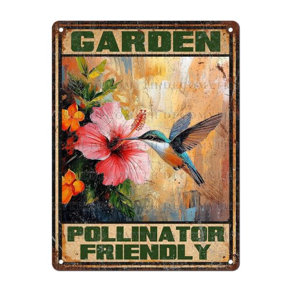 商品名:  Retro Garden Tin Sign Pollinator Friendly Vintage Hummingbird and Flowers Metal Poster Funny Lovely Bird Wall Art ...