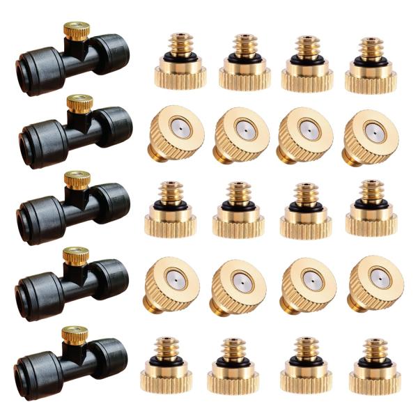 商品名: 真鍮製ミストノズル20個&amp;ティー5個 - 0.3mm (0.012インチ) 屋外冷却、温室加湿、ダストコントロール用オリフィス、10-24 UNCスレッドガーデンミスターシステムフィッティング 20 Pack Brass ...