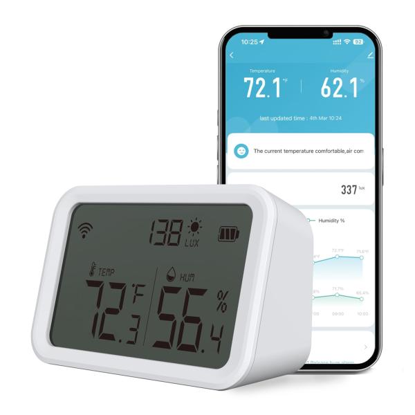 商品名: WiFi温度湿度ライトセンサー|スマートホームモニタリング|電話通知|2.4GHz WiFi|温室、庭、地下室用 Smart WiFi Thermometer Hygrometer with Light Sensor - Indo...