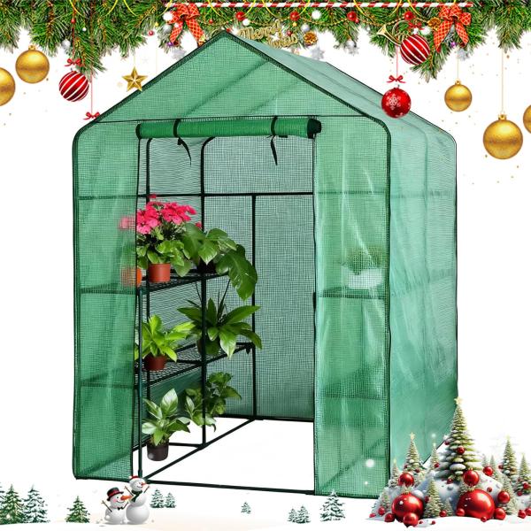 商品名:  Walk-in Greenhouse, 56 x 56 x 77 Inch Outdoor Plant Green House with 3 Tiers 8 Shelves, Heavy Duty Steel Frame &am...
