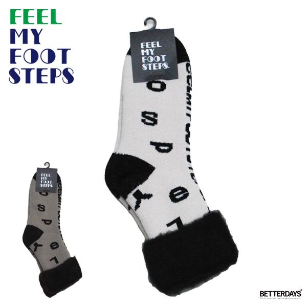 ●商品について正面にFEEL MY FOOTSTEPS(足音を感じて)のロゴ文字をあしらったルームソックス。全体に散りばめられたアルファベットでモダンなデザインを演出しつつ、お家でも癒されて楽しんでいただきたいそんなデザインです。内側が全て...