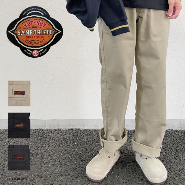 ●商品についてポリエステル65%、コットン35%の混率で織り上げた頑丈なツイル生地を使用したワークトラウザース。生地は肌触りの良さに加えシワになりにくく、特有の光沢感が特徴。TUF-NUTのヴィンテージトラウザースは尿素ボタン仕様のものが多...