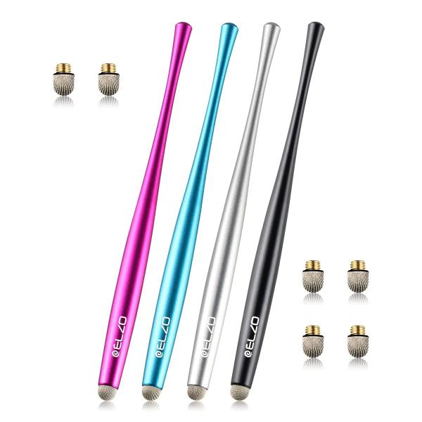 スタイラスペン タッチペン 極細 ツムツム ４本  黒、シルバー、ローズレッド、水色  交換用導電繊維ペン先6個 交換式 アルミ製 スマート  高品質＆高感度 ：アルミニウム製、穏やかな色と華やかな色は高級性を感じます。高感度導電性ファイバ...