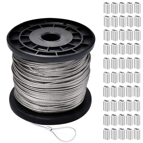 ワイヤーロープ ステンレスワイヤー 2mm ステンレスロープ 長さ100m アルミスリーブ付き 50個 7*7構成  SUS304 ステンレスワイヤロープ 柔軟 継手 8文字型 錆びにくい 工事 固定 地震対策 落下防止 盗難防止 配線 漁...