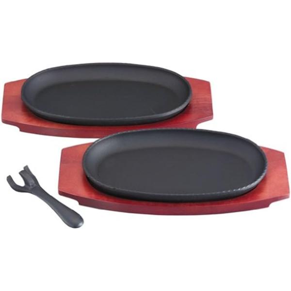 ステーキ皿 2枚セット 鋳物 鉄板 焼き物 ハンバーグ 焼きそば ステーキ マルチステーキ鍋 池永鉄工電磁調理器（ＩＨ）・食洗機には使えません。サイズ：鉄板：（約）２２５×１３５×２３ｍｍ　木台：（約）２９５×１５０ｍｍ