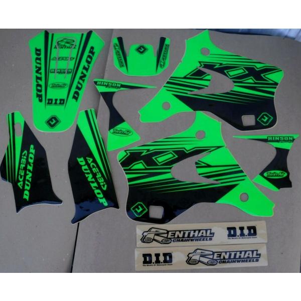 FLU DESIGNS PTS5 TEAMノーマルのグラフィックよりも丈夫で厚みがある15mmビニールグラフィックキットの内容は写真に写っている通りです[適合車種] カワサキ KX125 KX250 1994 1995 1996 1997 ...