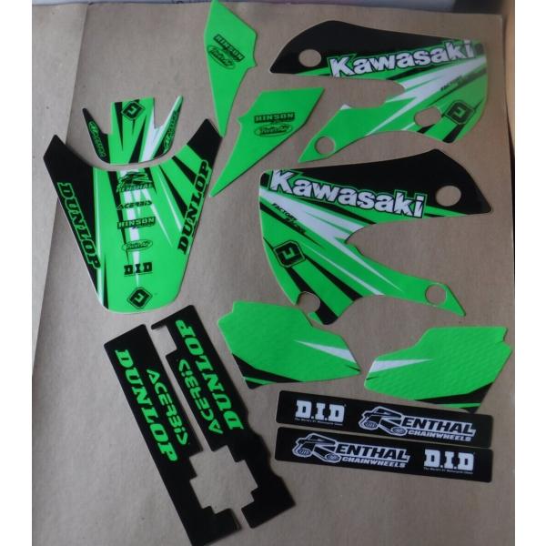 FLU DESIGNS PTS6 TEAMノーマルのグラフィックよりも丈夫で厚みがある15mmビニールグラフィックキットの内容は写真に写っている通りです[適合車種] カワサキKX65 全年式KLX110 2002 2003 2004 200...