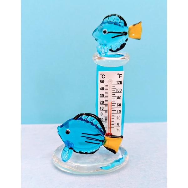 温度計（S)ナンヨウハギのガラス細工の置物です。【大きさ】約高さ８０ミリ　　横幅５０ミリ　　　　　奥行３５ミリ＊商品は一つ一つ手造りのため大きさや色合いが写真と異なる場合がありますのでご了承をお願い致します。